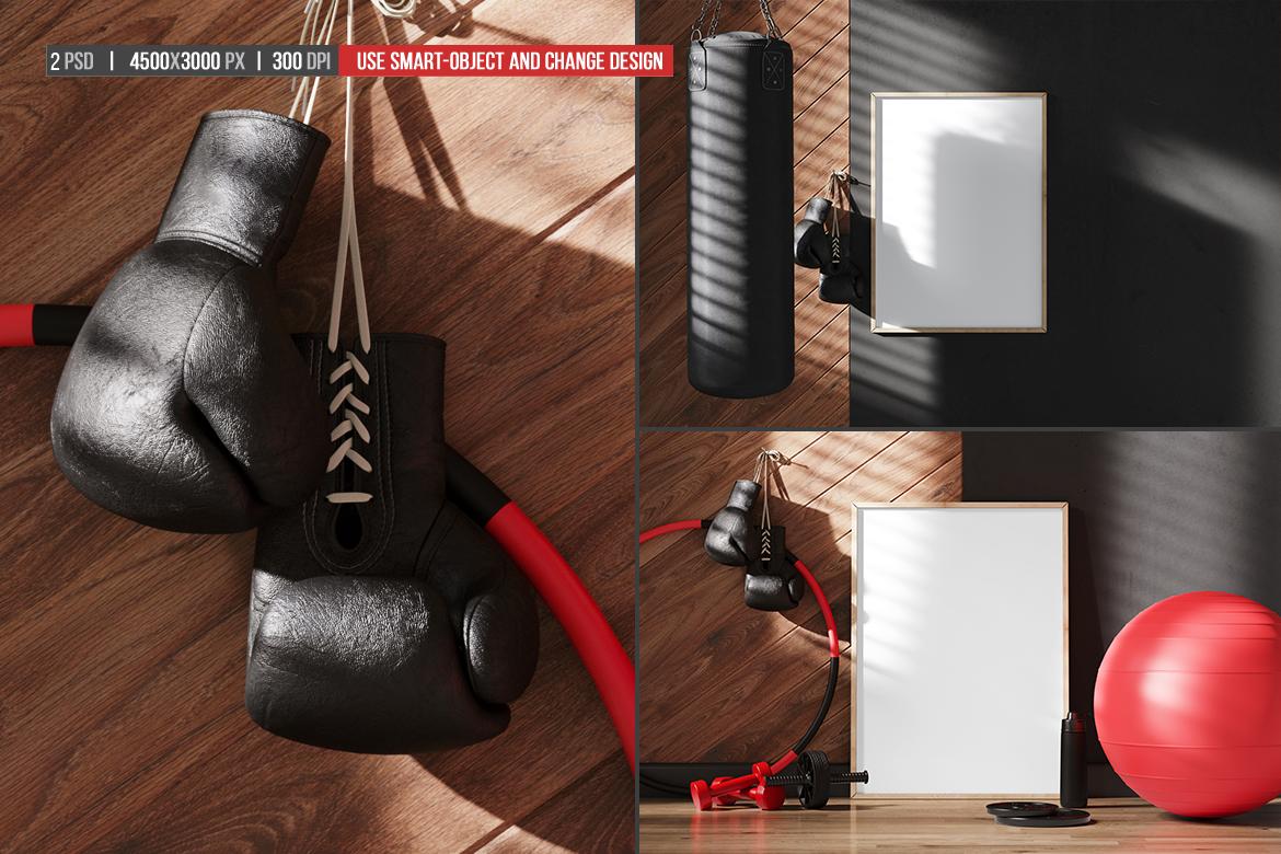 Wood Poster Frame In Gym Mockup | Premium & Free PSD Mockup Store