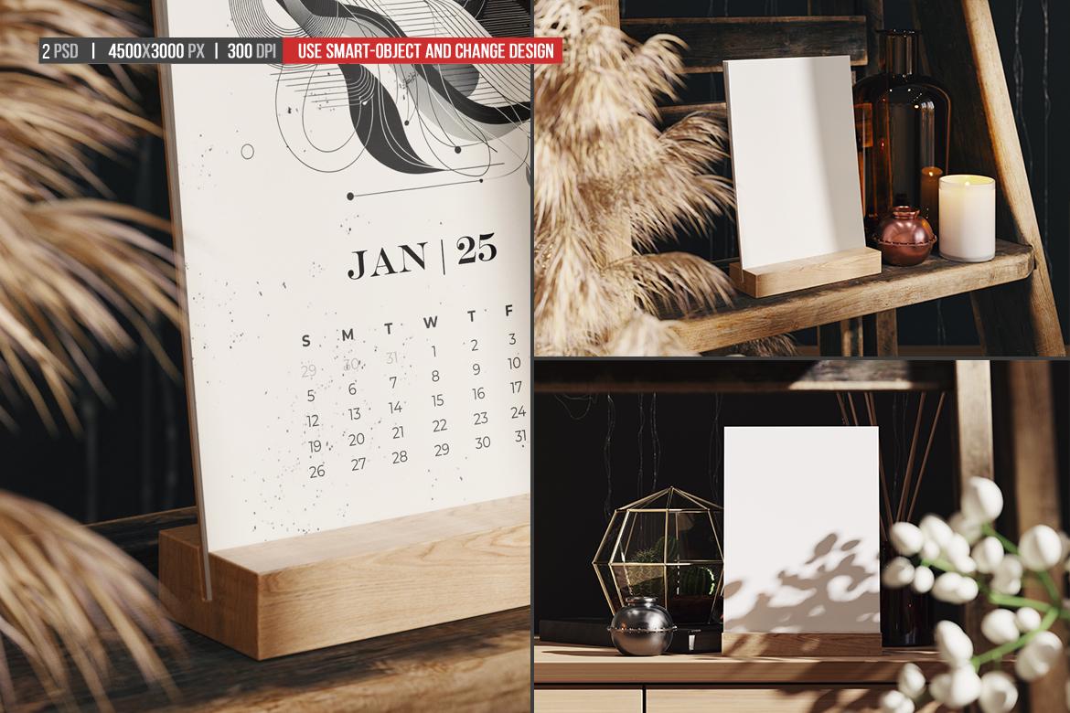 Desk Calendar on a Wooden Stand Mockup | Premium & Free PSD Mockup Store